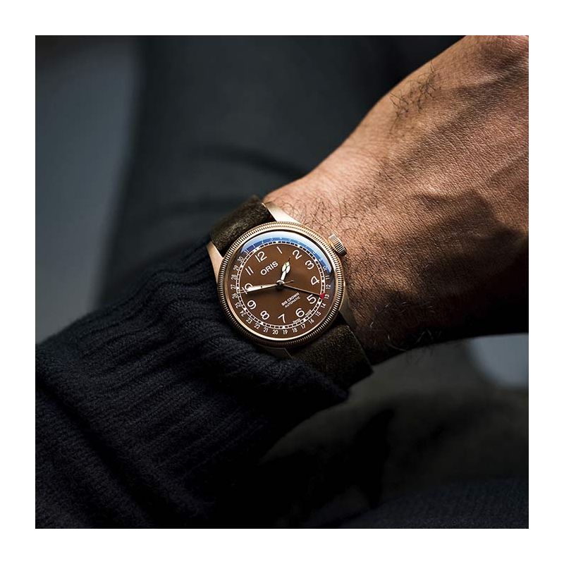 Oris Aviation Big Crown Bronze Date watch brown dial leather strap 40mm