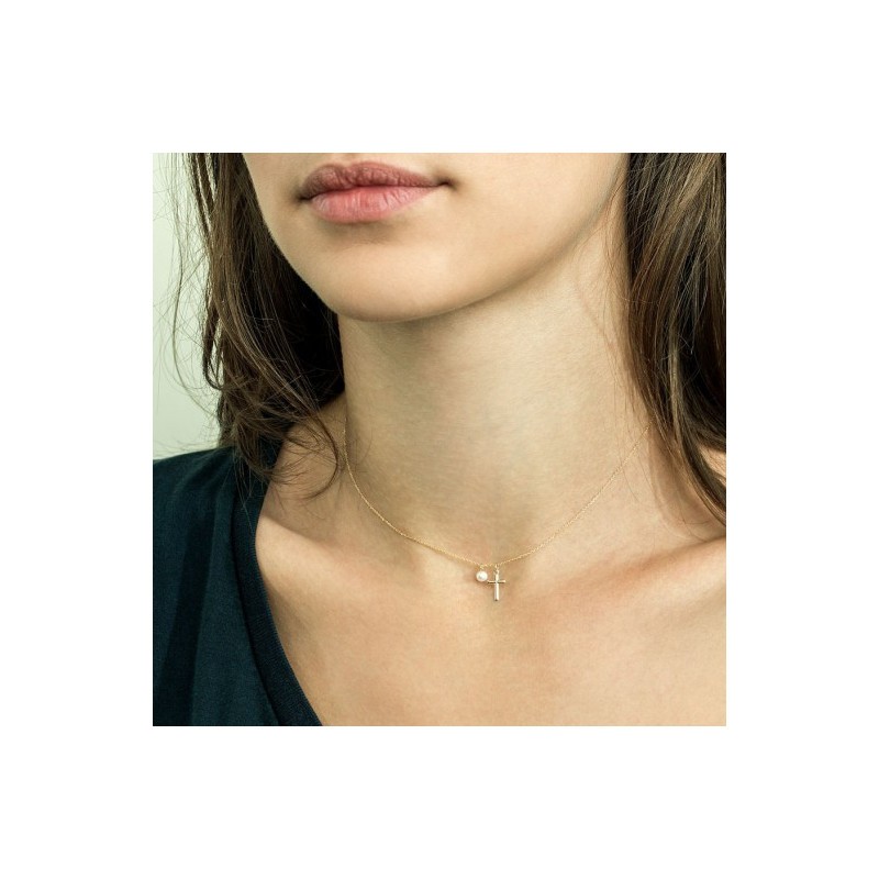 Claverin Cross Charm necklace in gold and pearl PPJCROSS001 - Lepage
