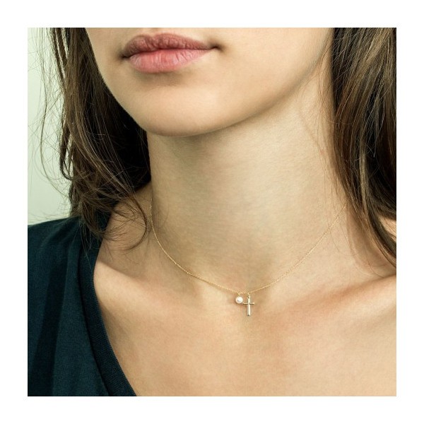 Claverin Cross Charm necklace in gold and pearl PPJCROSS001 - Lepage