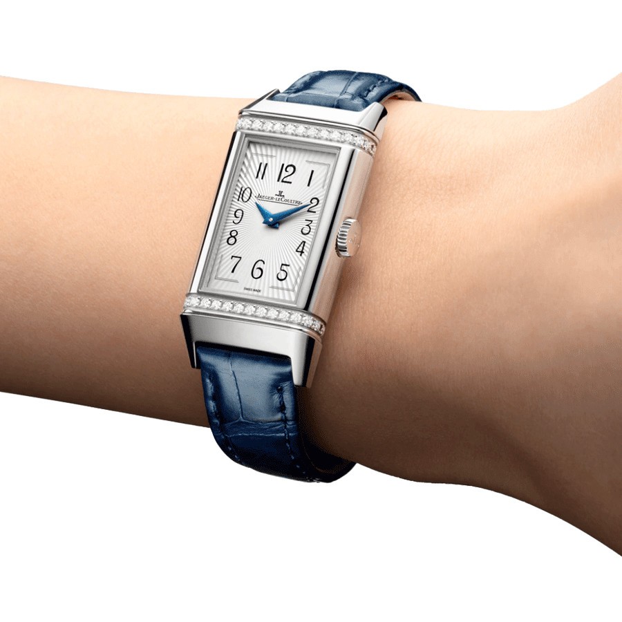 Jaeger LeCoultre Reverso One Duetto watch silver dial blue strap