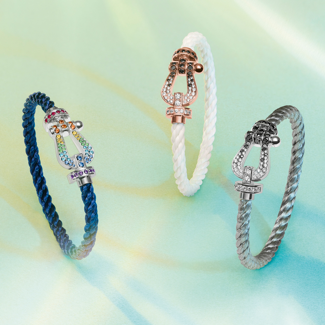Bracelet FRED Force 10 en or blanc, pierres de couleur et câble indigo ...