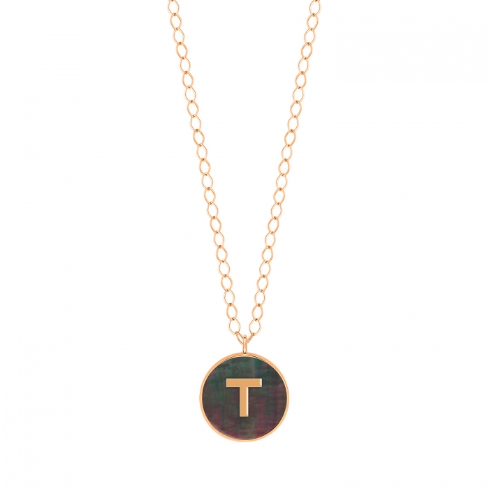 Ginette NY Jumbo Initial Ever T necklace rose gold black mother-of ...