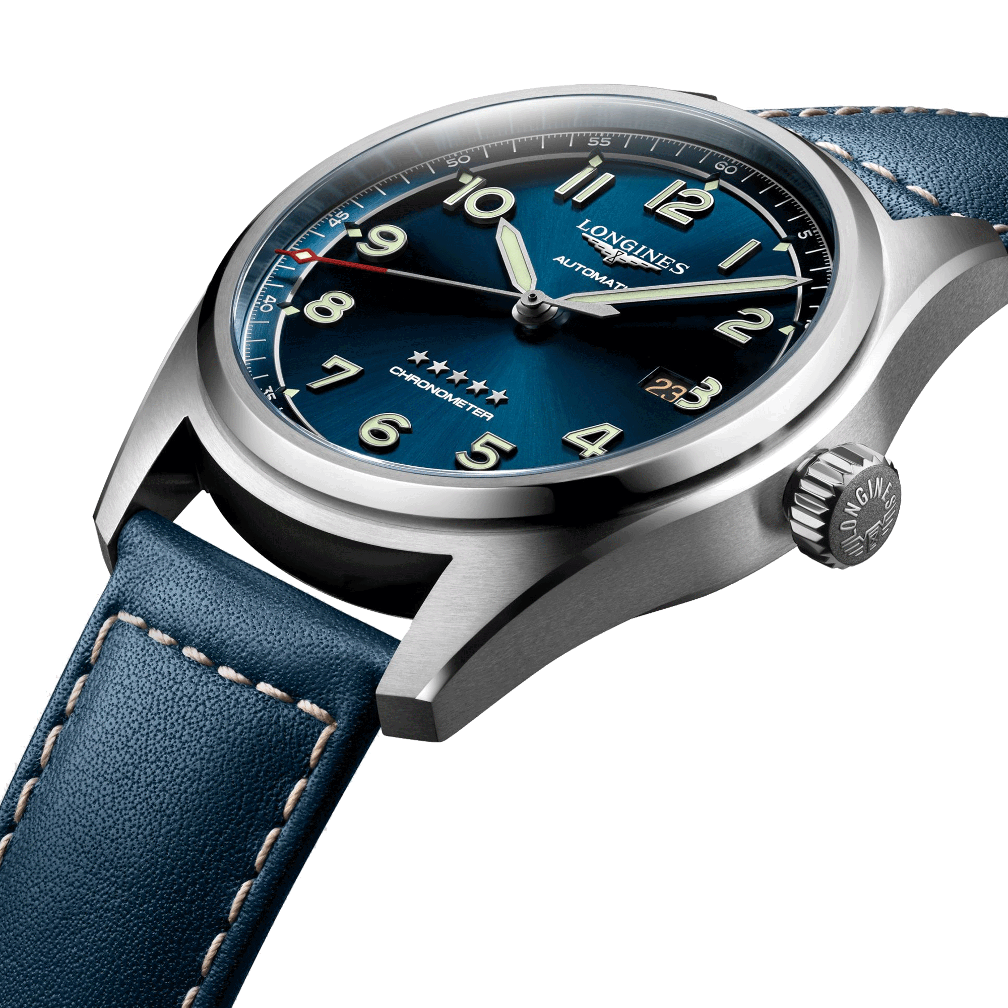 Longines Spirit car watch with blue leather strap blue dial 42 mm
