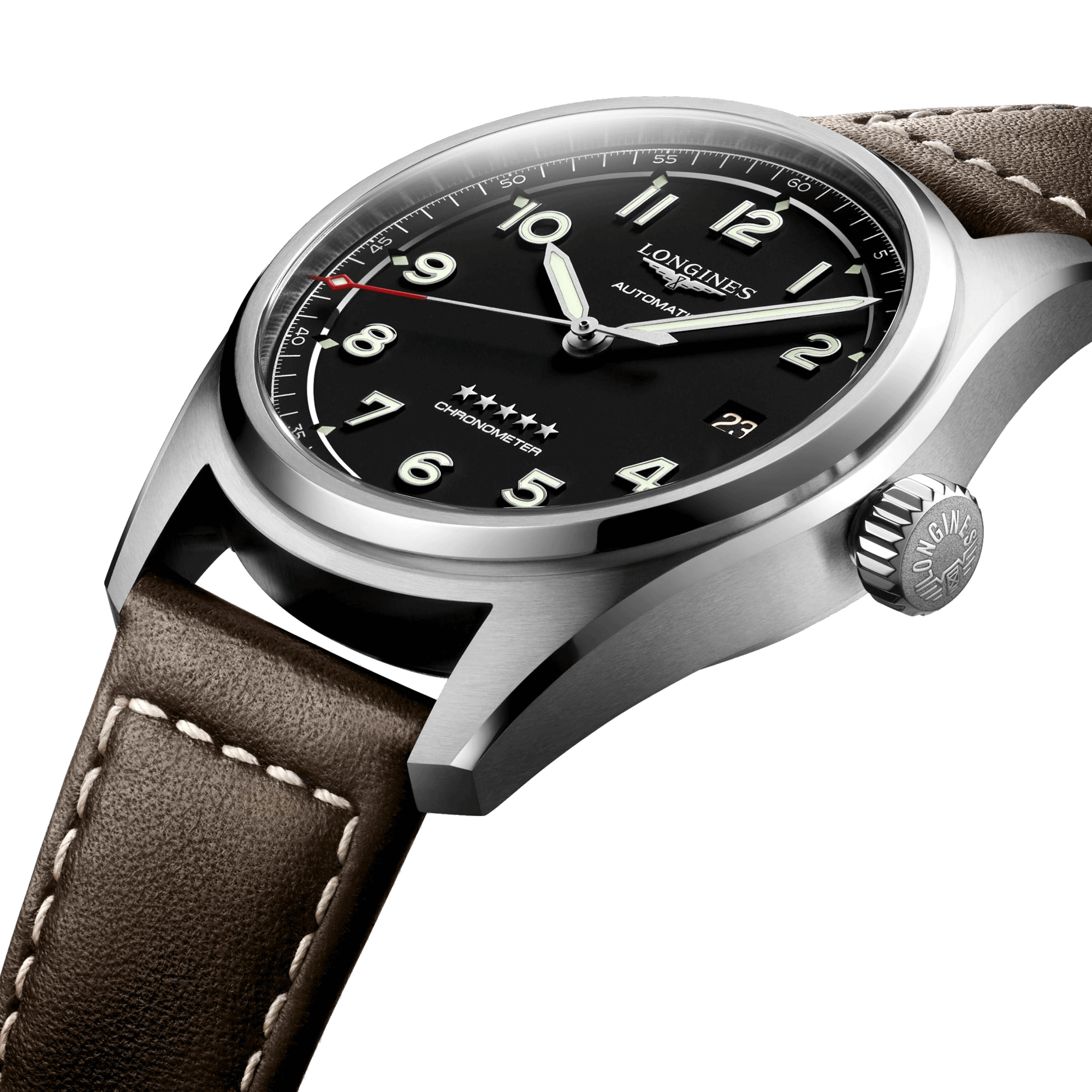 Longines Spirit automatic watch with black dial and 40 mm leather strap