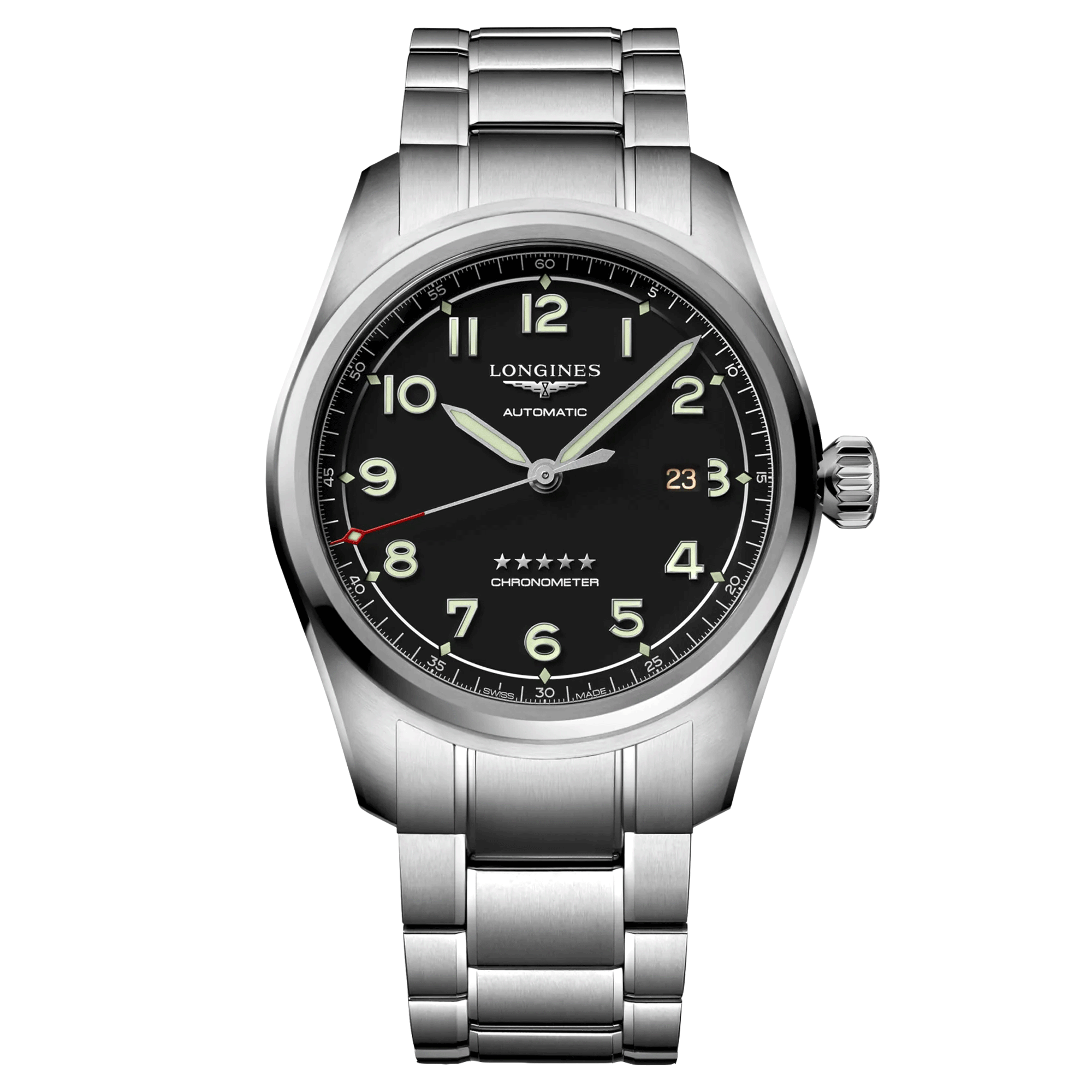 Montre Longines Spirit automatique cadran noir bracelet acier 42 mm