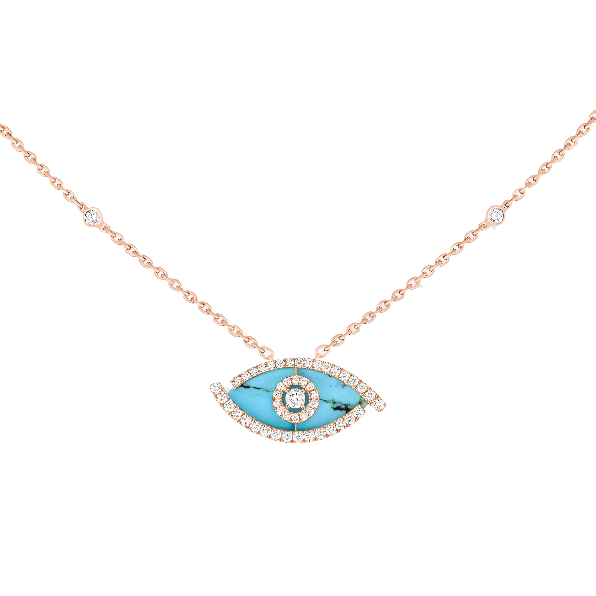 Messika Lucky Eye necklace in pink gold, turquoise and diamonds | Lepage