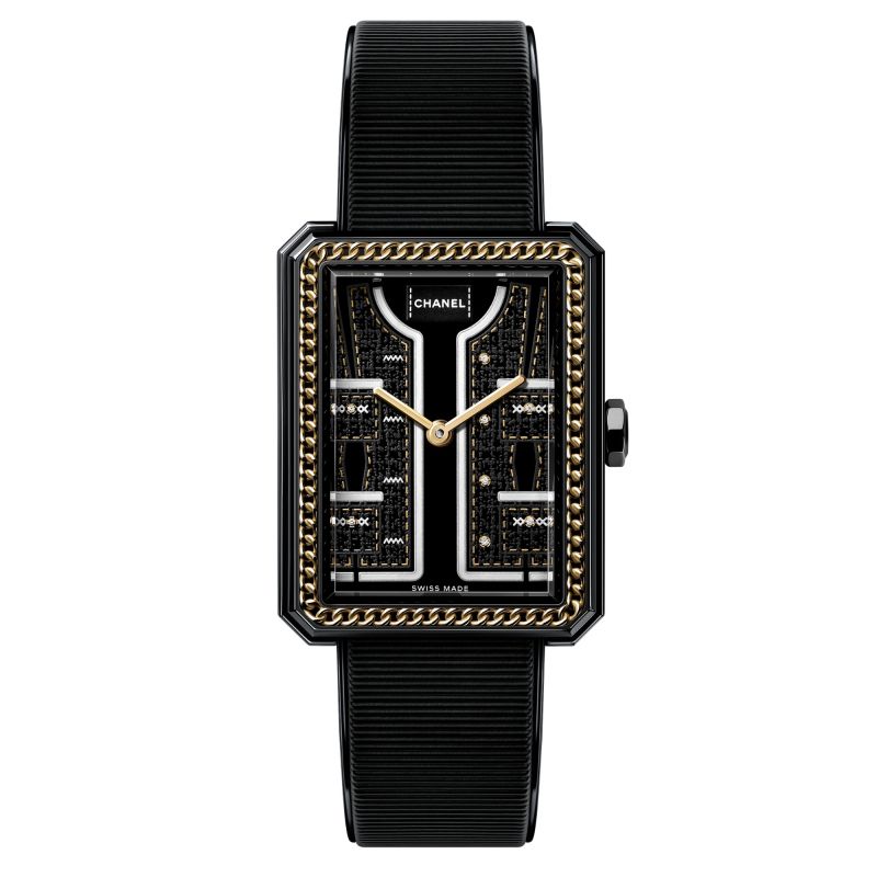 CHANEL BOY∙FRIEND Couture quartz watch yellow gold chain bezel black ...