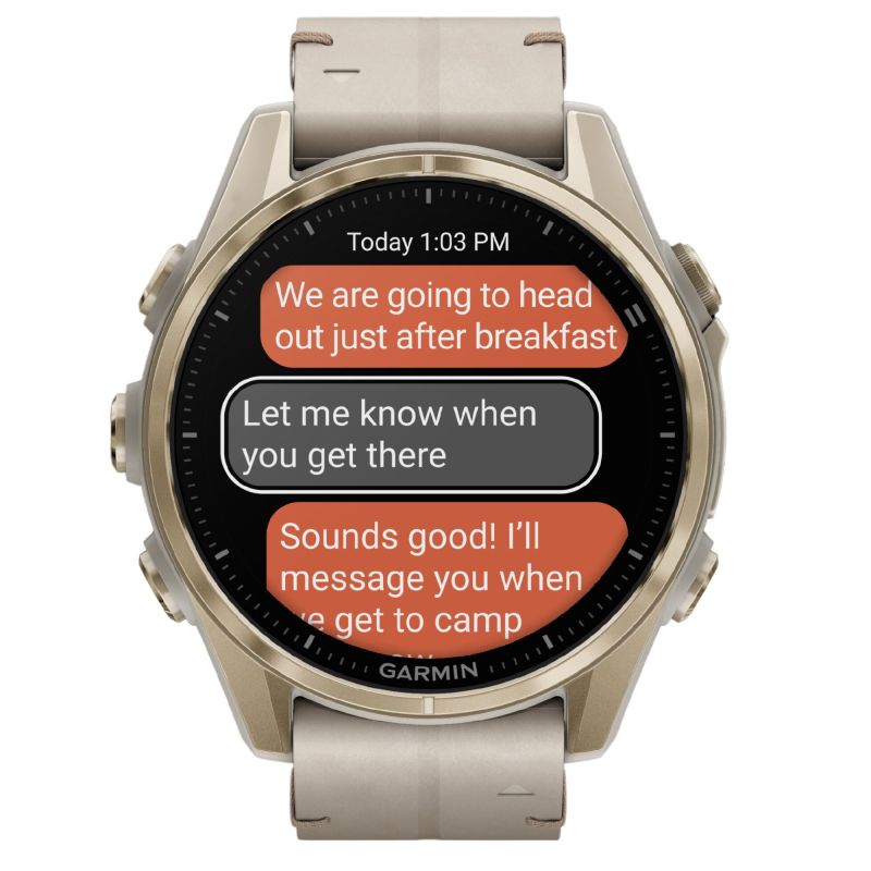 Garmin Fenix 8 AMOLED Sapphire Titanium Soft Gold watch with beige ...