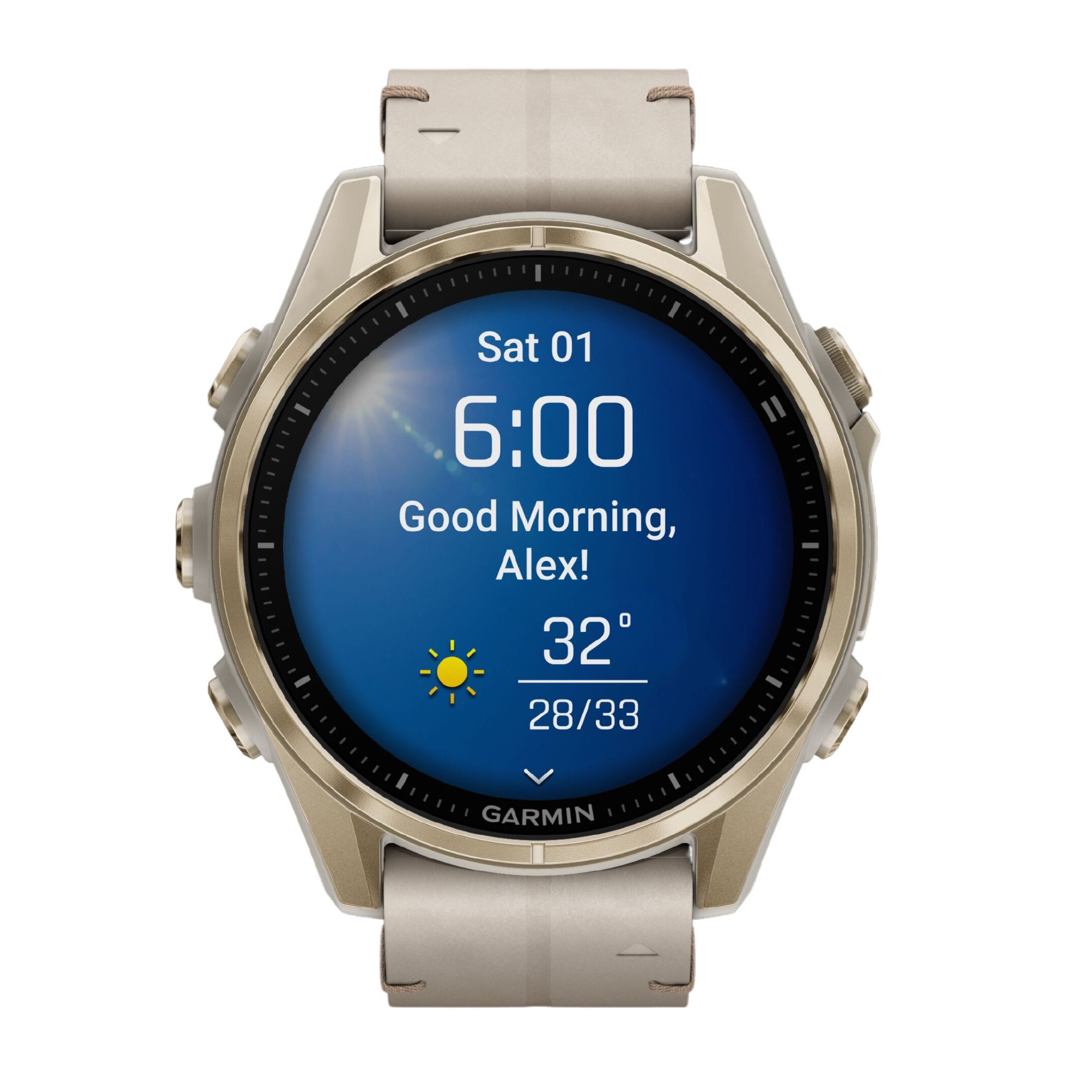 Garmin Fenix 8 AMOLED Sapphire Titanium Soft Gold watch with beige ...