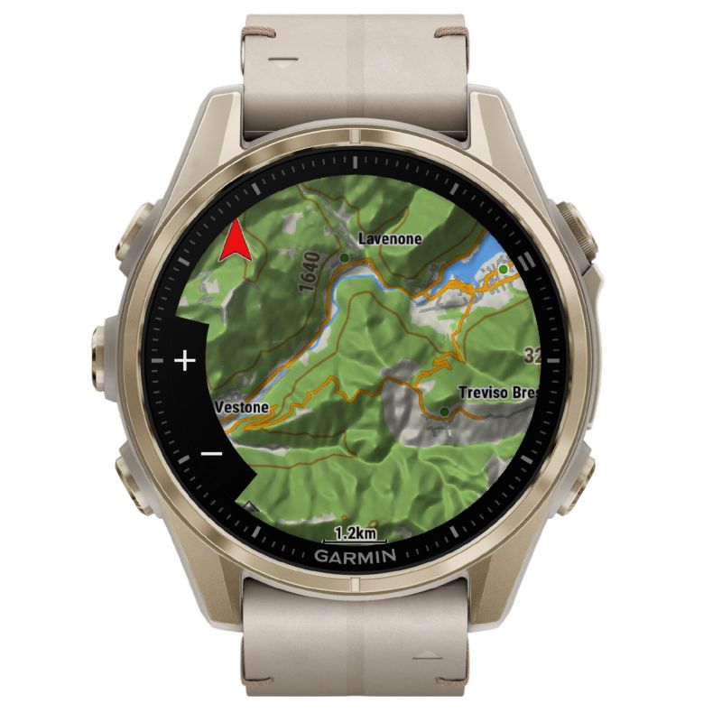 Garmin Fenix 8 AMOLED Sapphire Titanium Soft Gold watch with beige ...