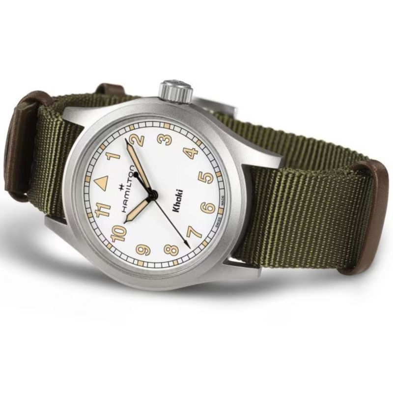 Hamilton Khaki Field quartz watch white dial kaki NATO strap 38 mm ...