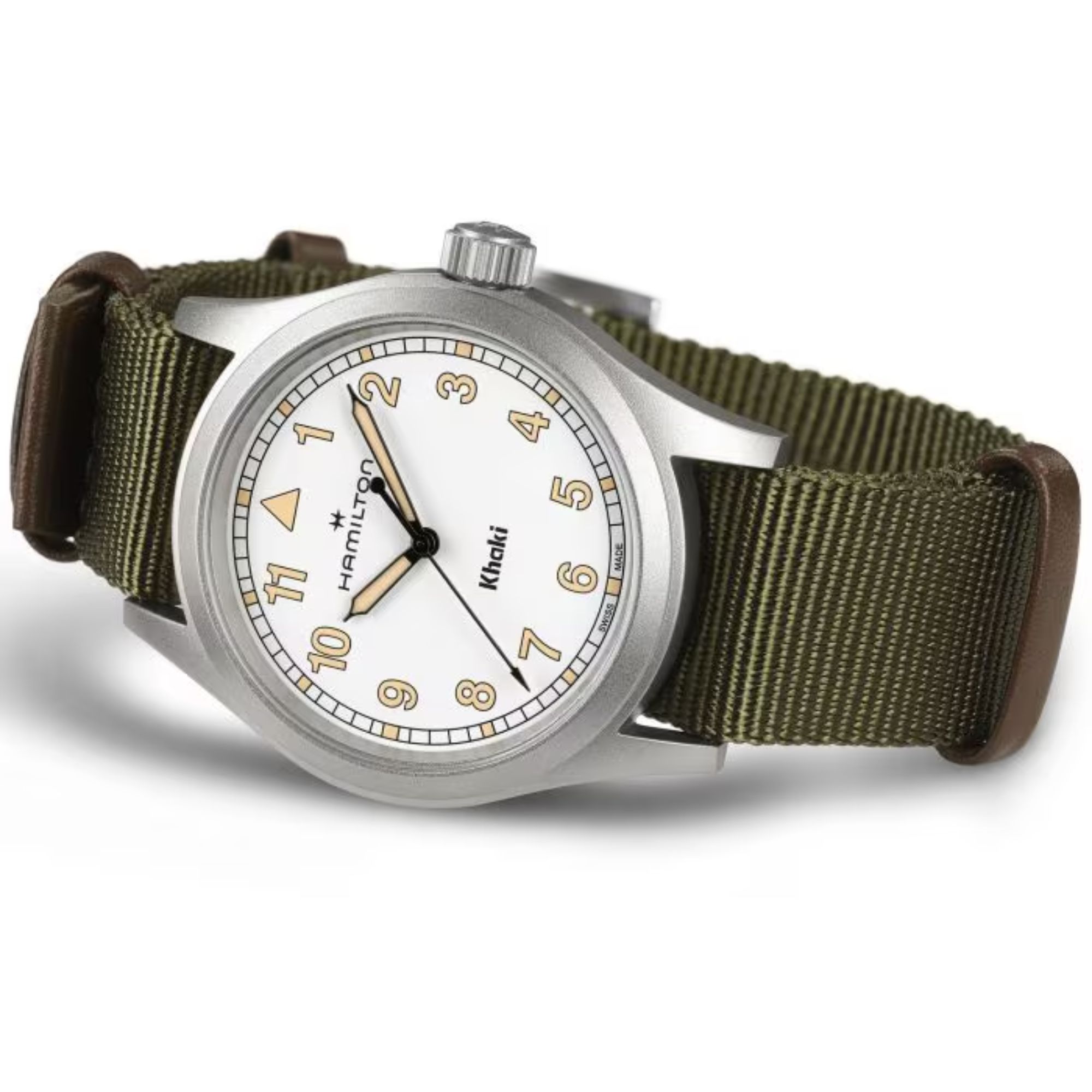 Montre Hamilton Khaki Field quartz cadran blanc bracelet NATO kaki 38 ...