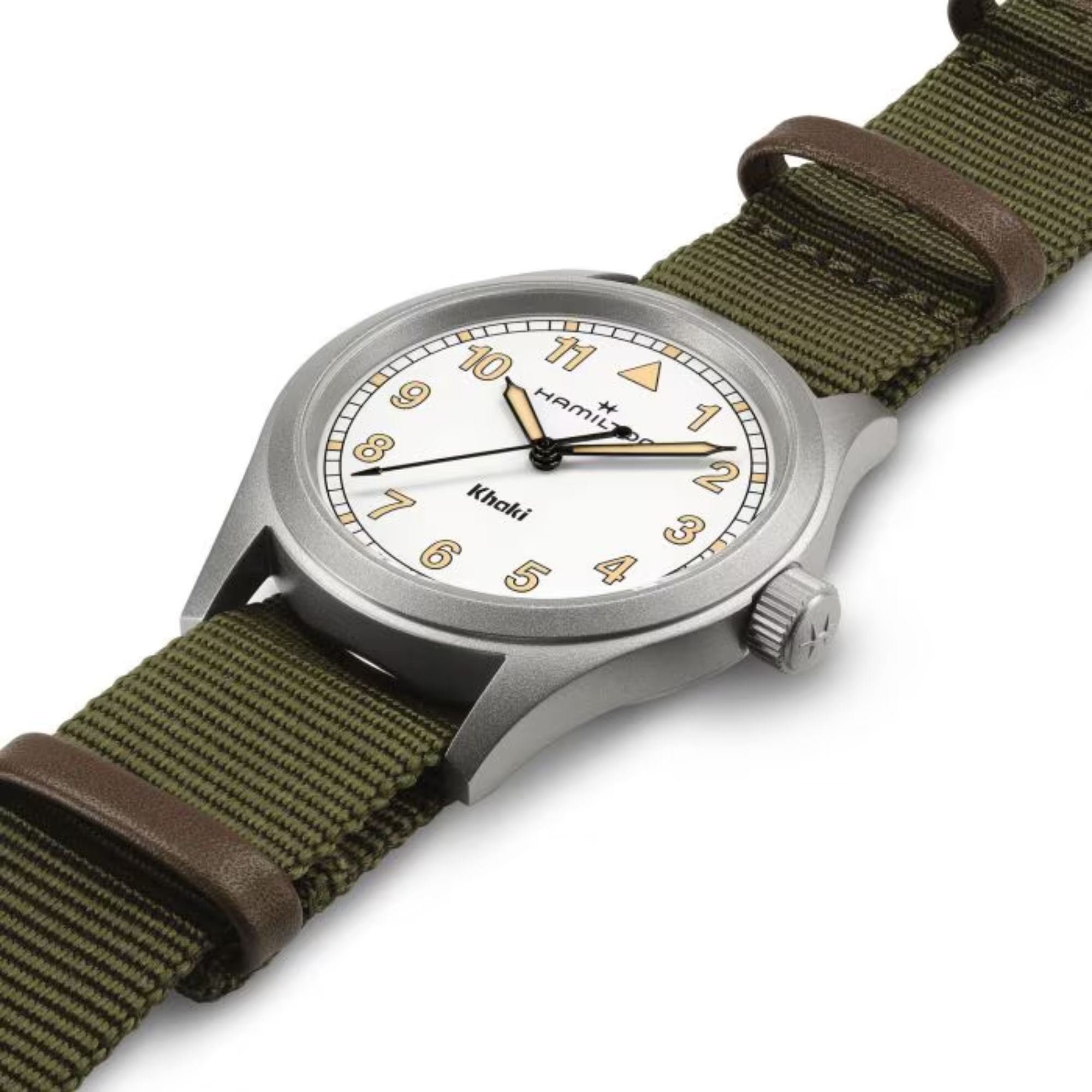 Montre Hamilton Khaki Field quartz cadran blanc bracelet NATO kaki 38 ...
