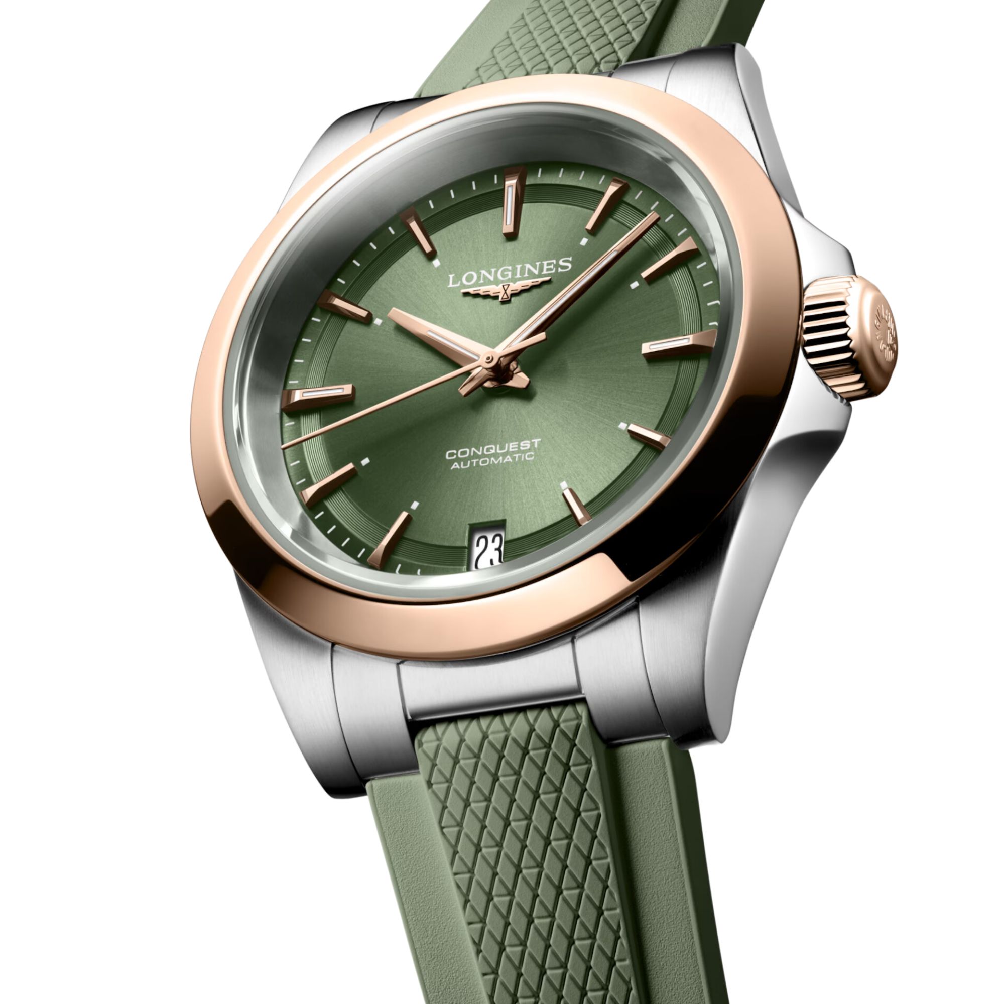 Longines Conquest automatic rose gold watch green dial green rubber ...