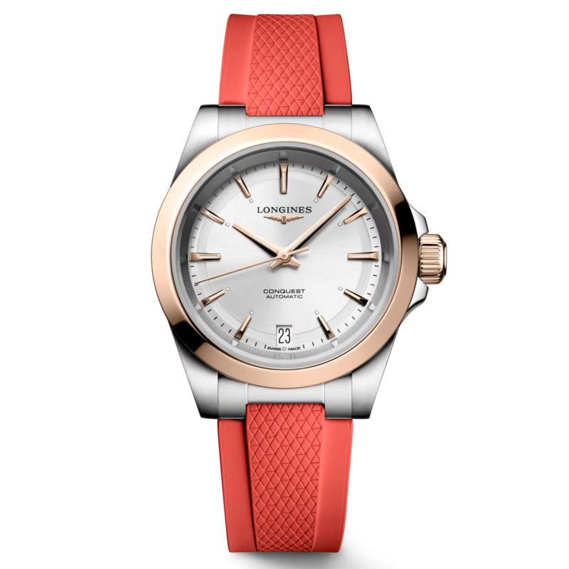 Longines Conquest automatic rose gold watch silver dial red rubber ...