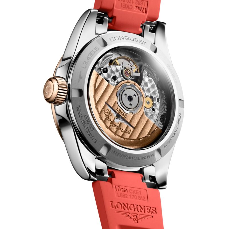 Longines Conquest automatic rose gold watch silver dial red rubber ...