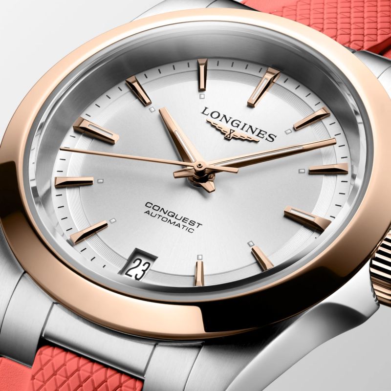 Longines Conquest automatic rose gold watch silver dial red rubber ...