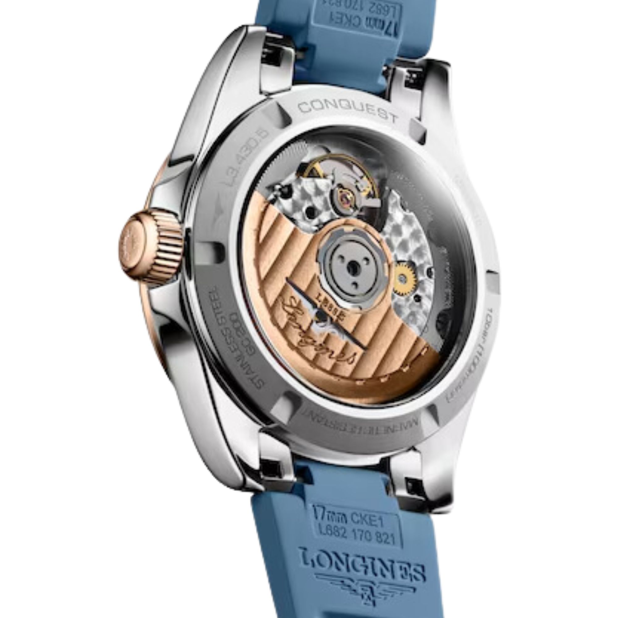Longines Conquest automatic rose gold watch blue dial blue rubber strap ...