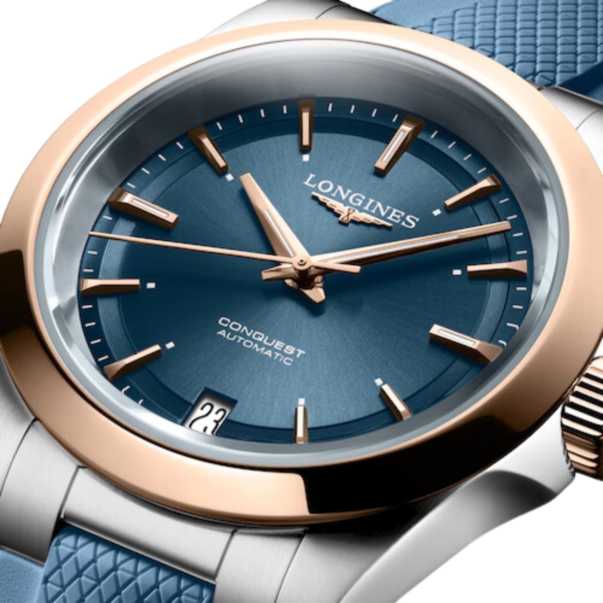 Longines Conquest automatic rose gold watch blue dial blue rubber strap ...