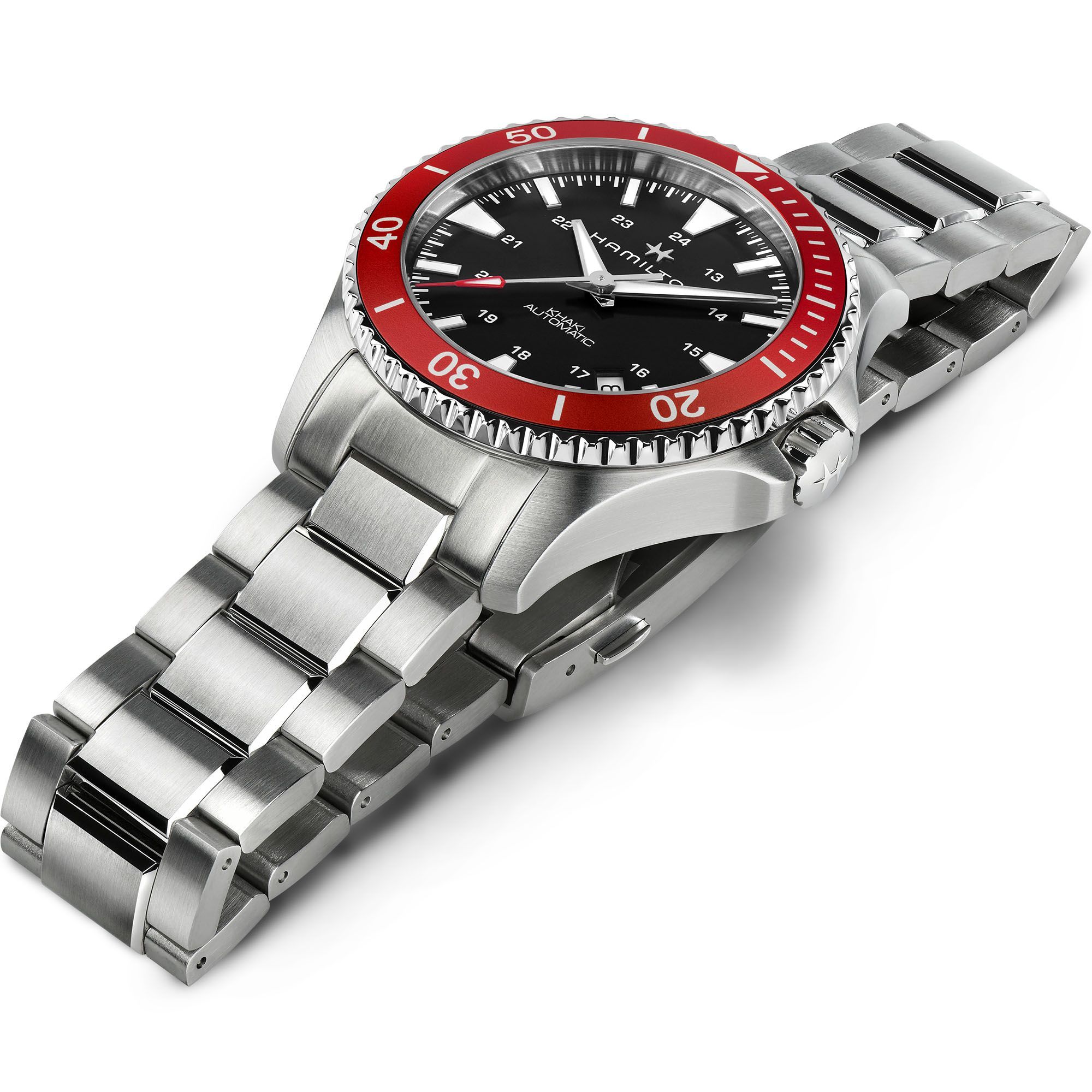 Hamilton Khaki Navy Scuba automatic watch black dial red bezel steel ...
