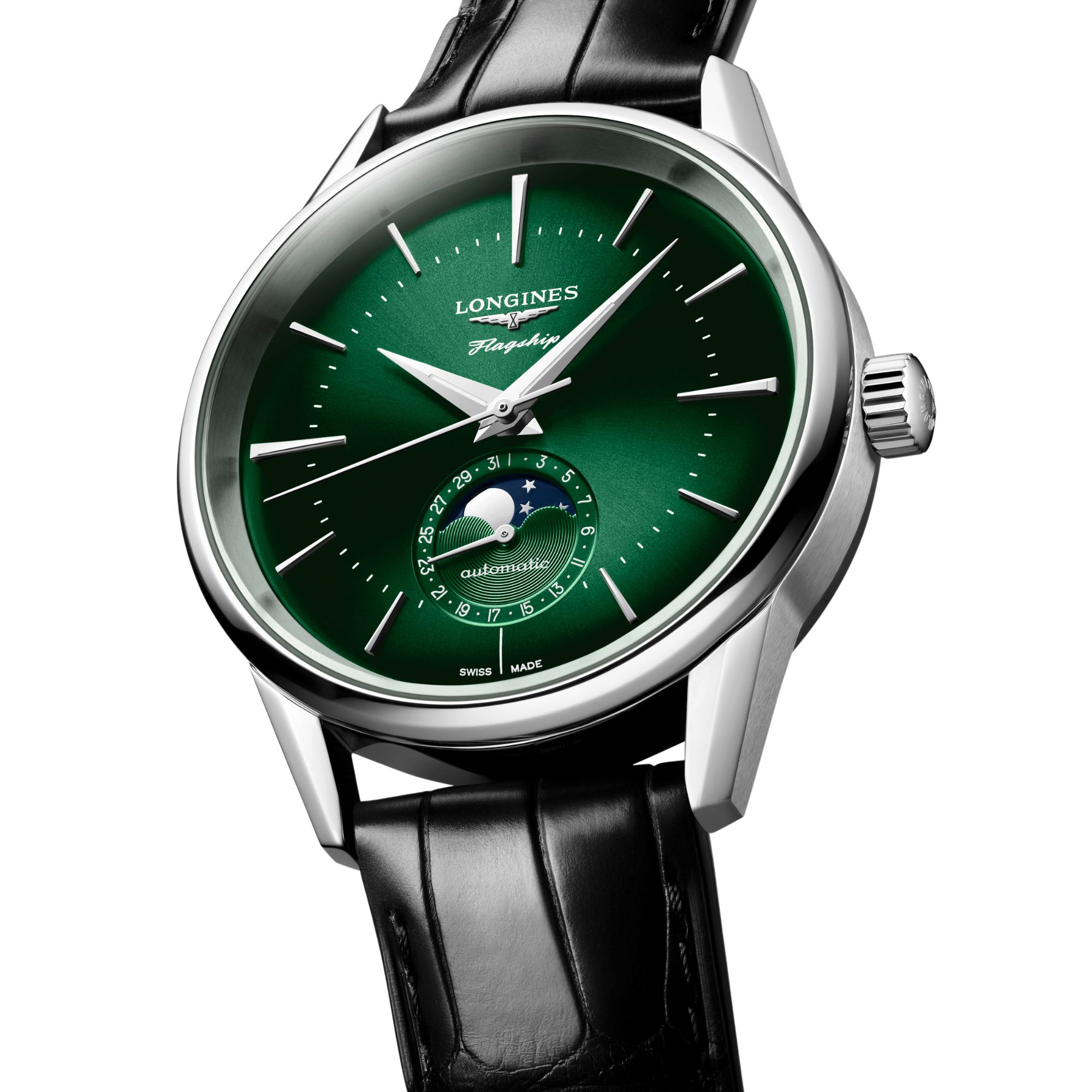 Longines Flagship Heritage automatic moon phase watch green dial black ...