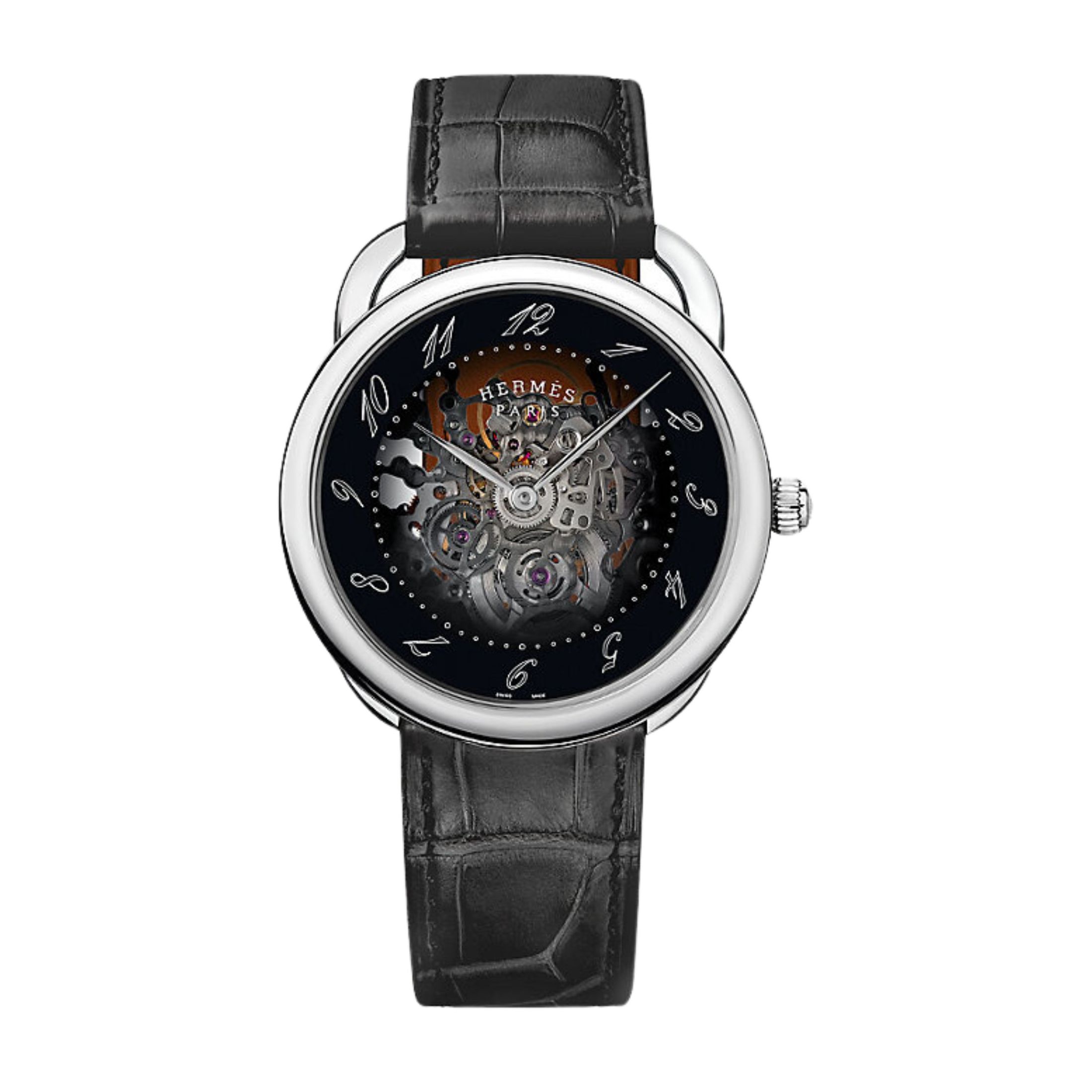 HERMÈS Arceau automatic watch black skeleton dial dark black leather strap 40 mm W049009WW00 ...