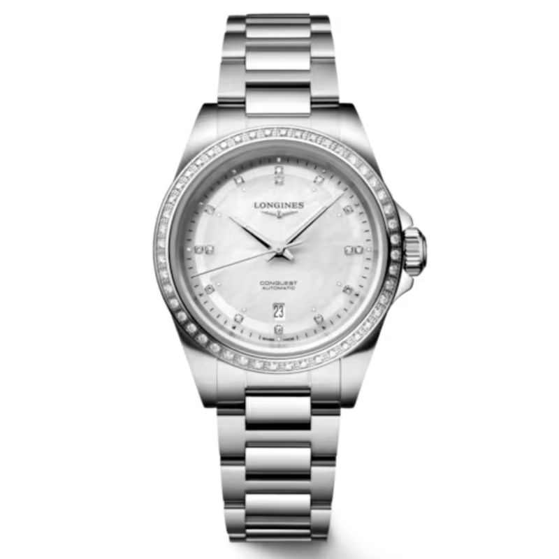 Longines Conquest automatic watch diamond markers bezel set white ...