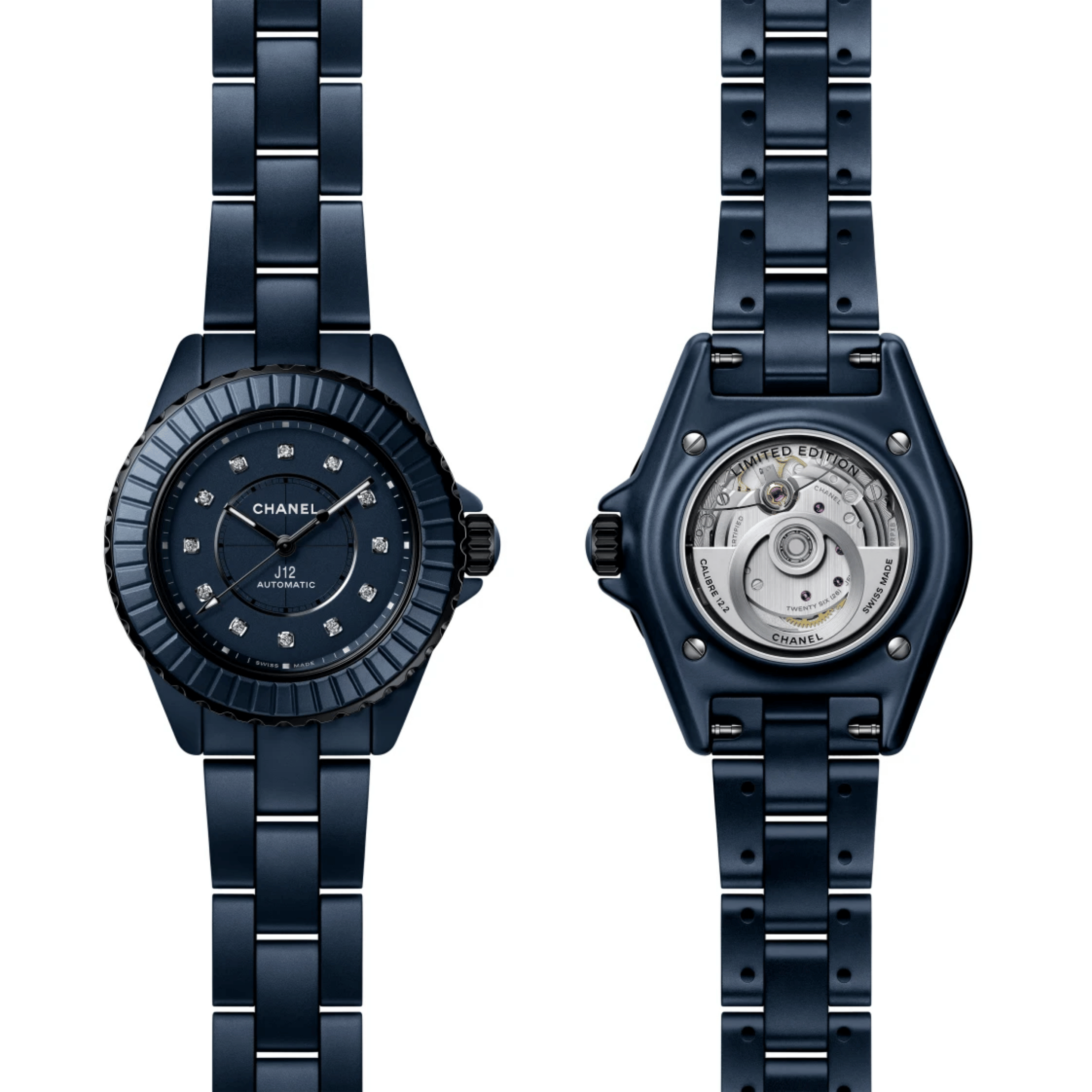 CHANEL J12 BLUE automatic watch, blue dial, diamond hour markers and ...