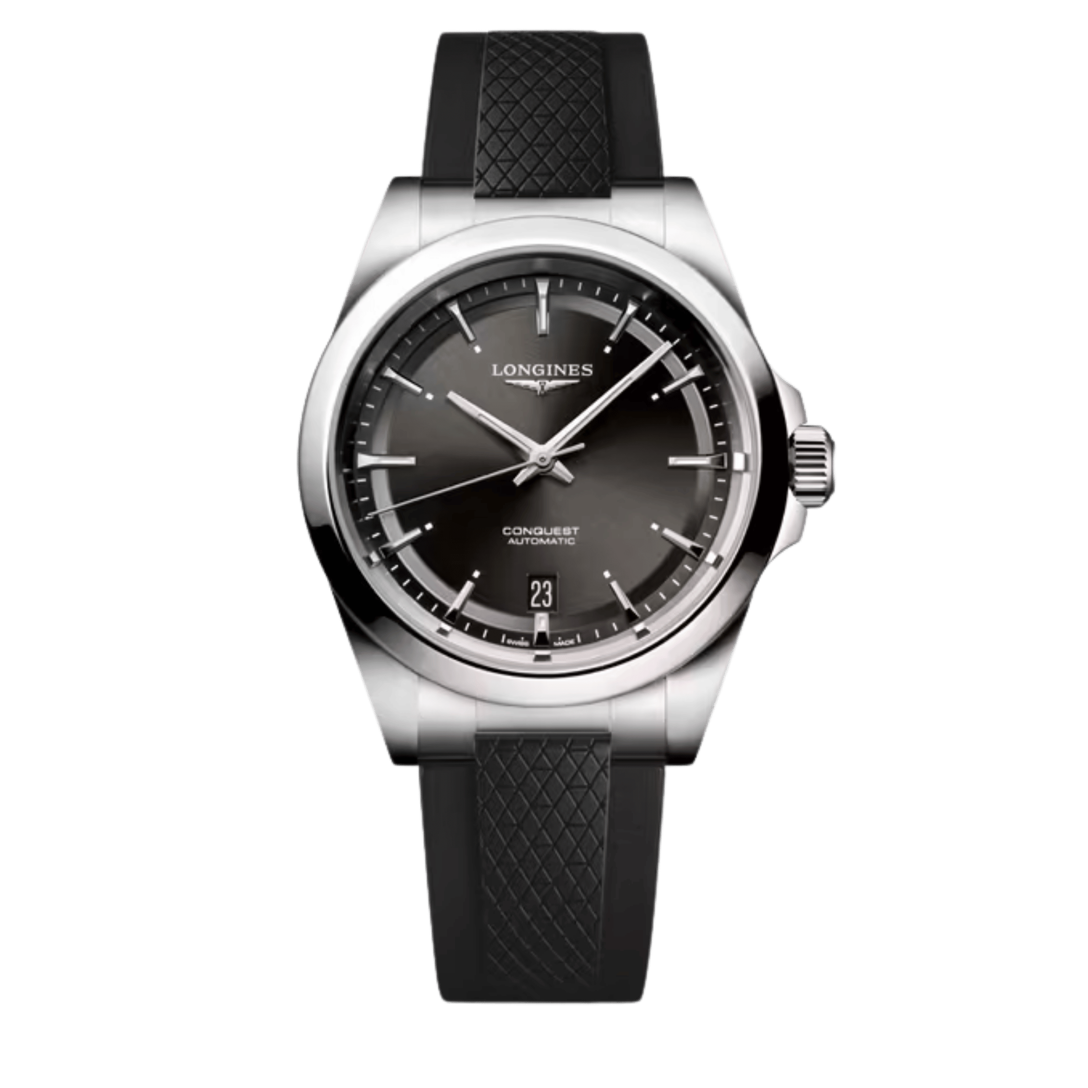 Longines Conquest automatic watch, black dial, black rubber strap, 38 ...