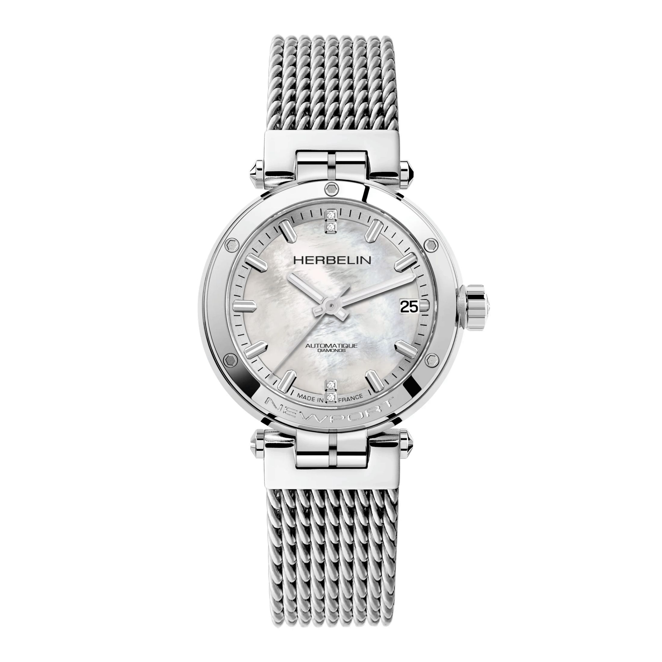 Michel Herbelin Newport auto watch mother-of-pearl milanese mesh strap 35mm