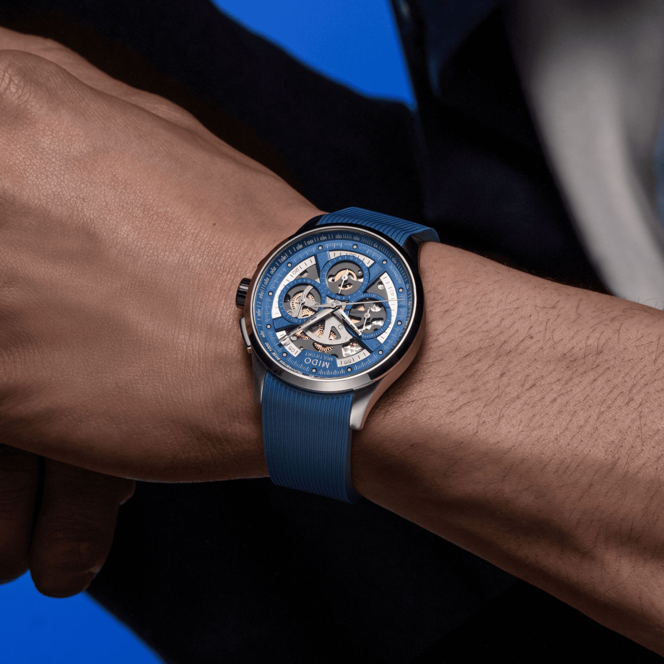 Mido Multifort Skeleton Chronograph Automatic Watch with Blue Rubber ...