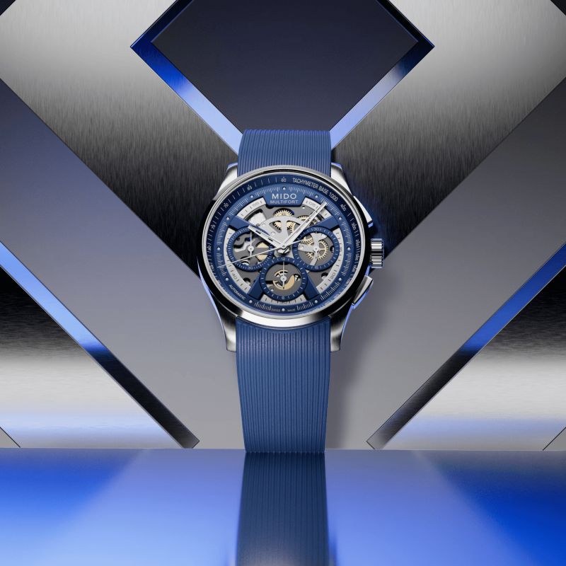 Mido Multifort Skeleton Chronograph Automatic Watch with Blue Rubber ...