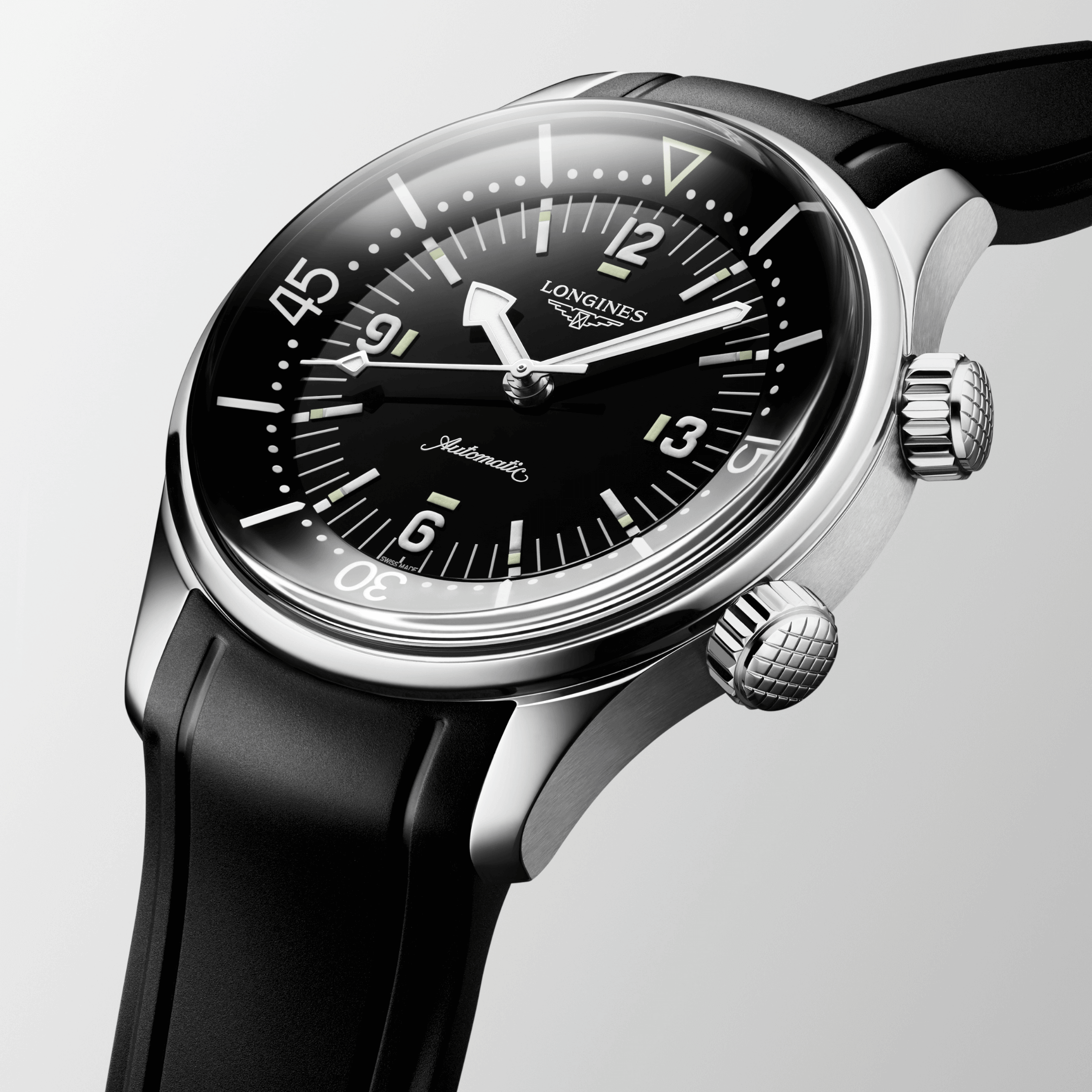 Longines Legend Diver automatic watch with black dial and black rubber ...