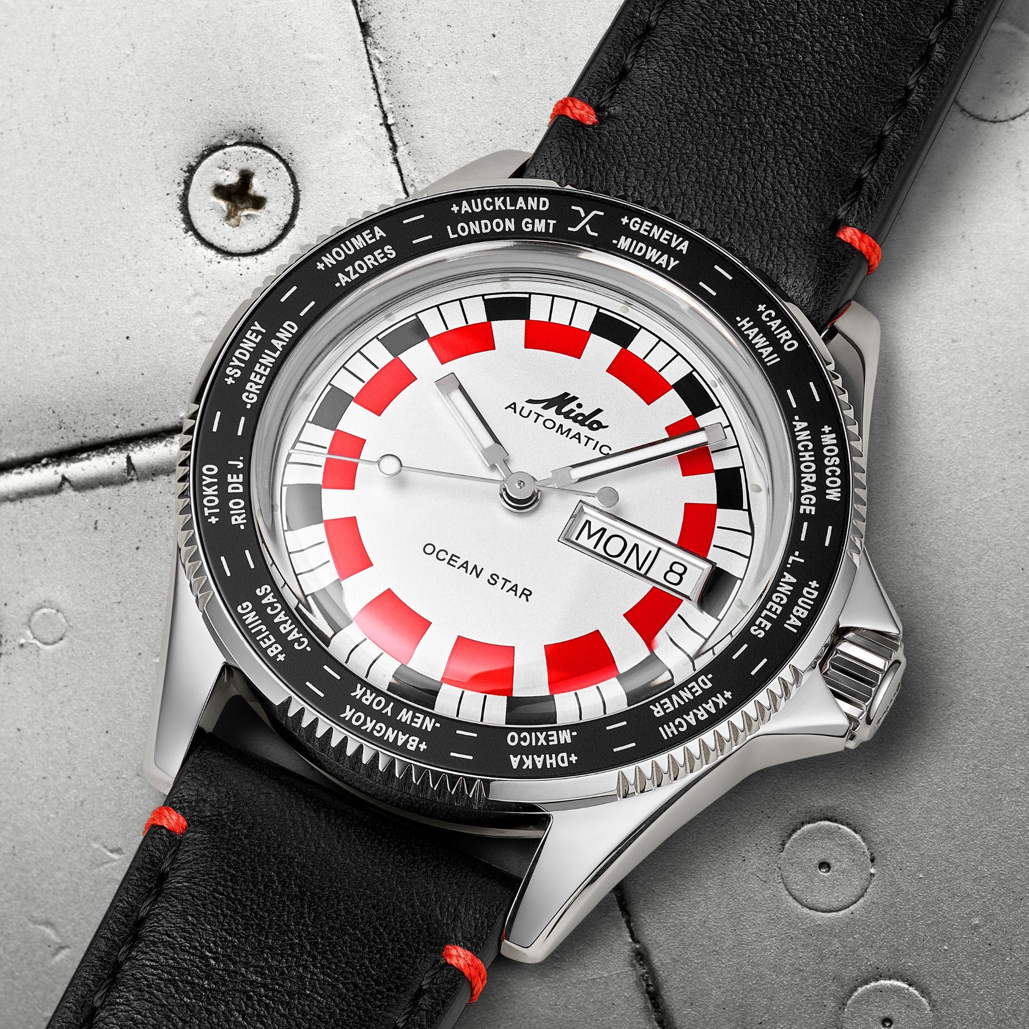 Mido Ocean Star WorldTimer automatic watch with white and red dial ...