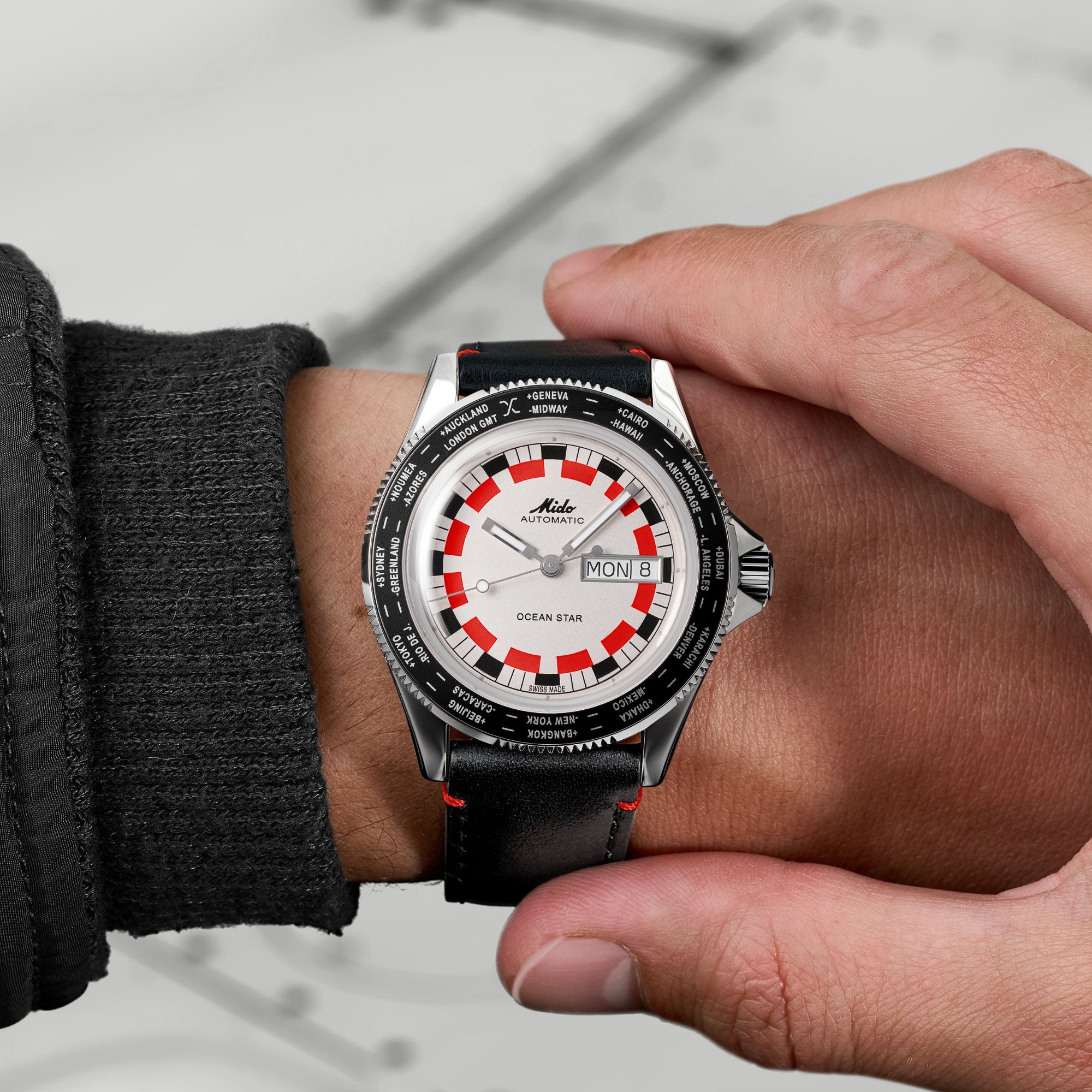 Mido Ocean Star WorldTimer automatic watch with white and red dial ...