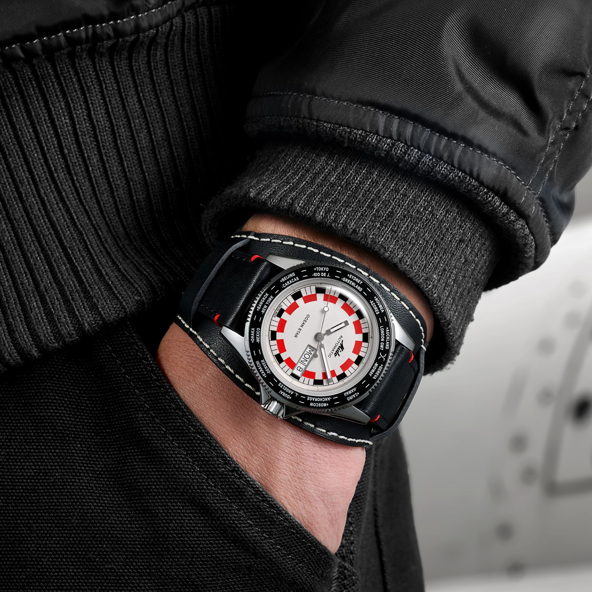 Mido Ocean Star WorldTimer automatic watch with white and red dial ...