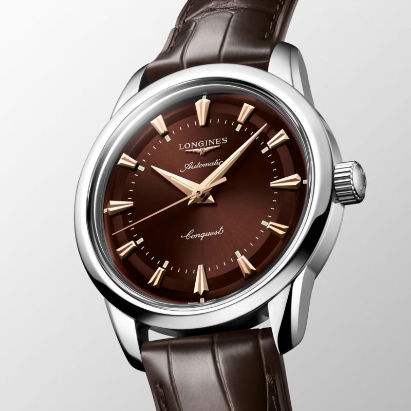 Longines Conquest Heritage automatic watch brown dial brown leather ...