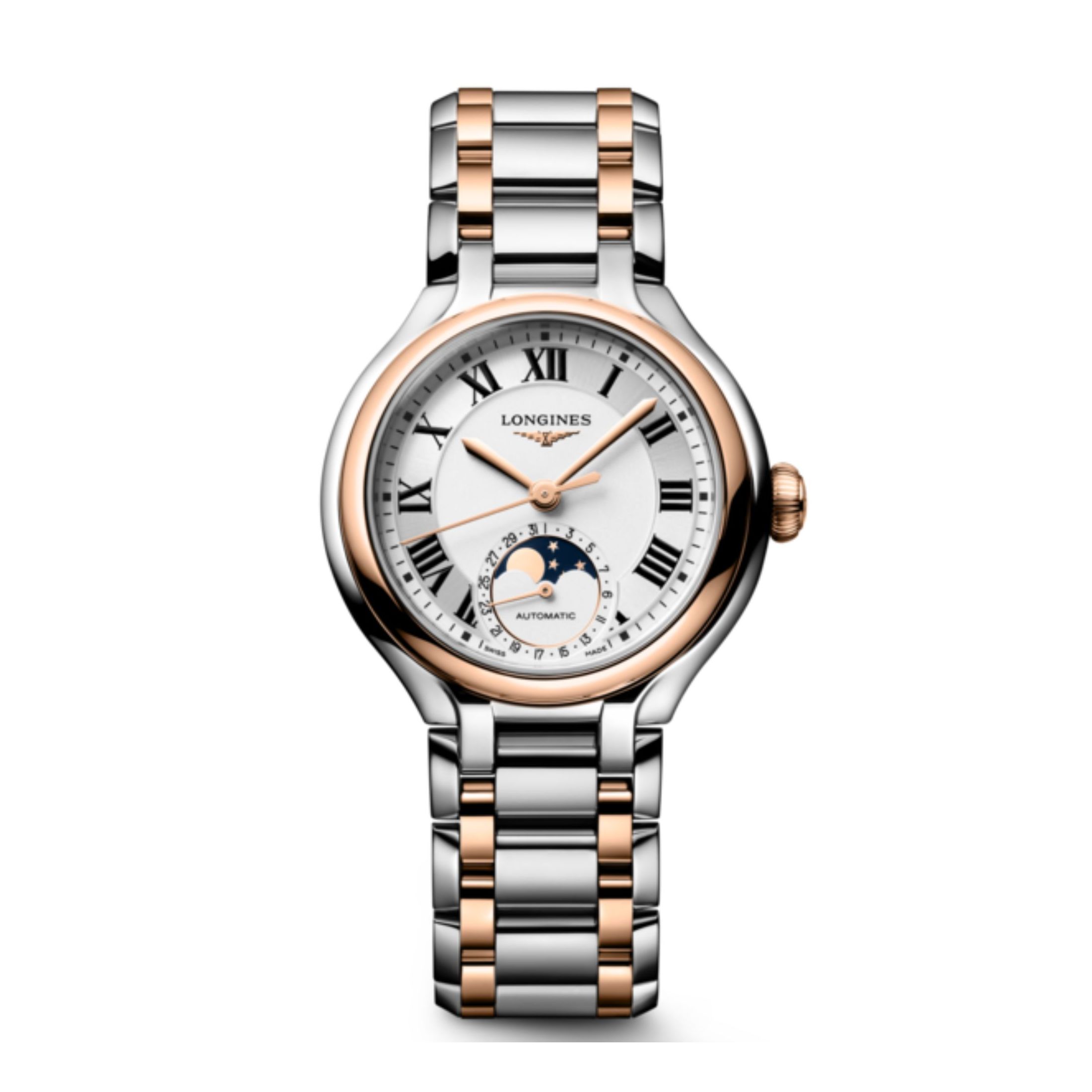 Longines PrimaLuna Moonphase automatic watch with white dial, and 34 mm ...