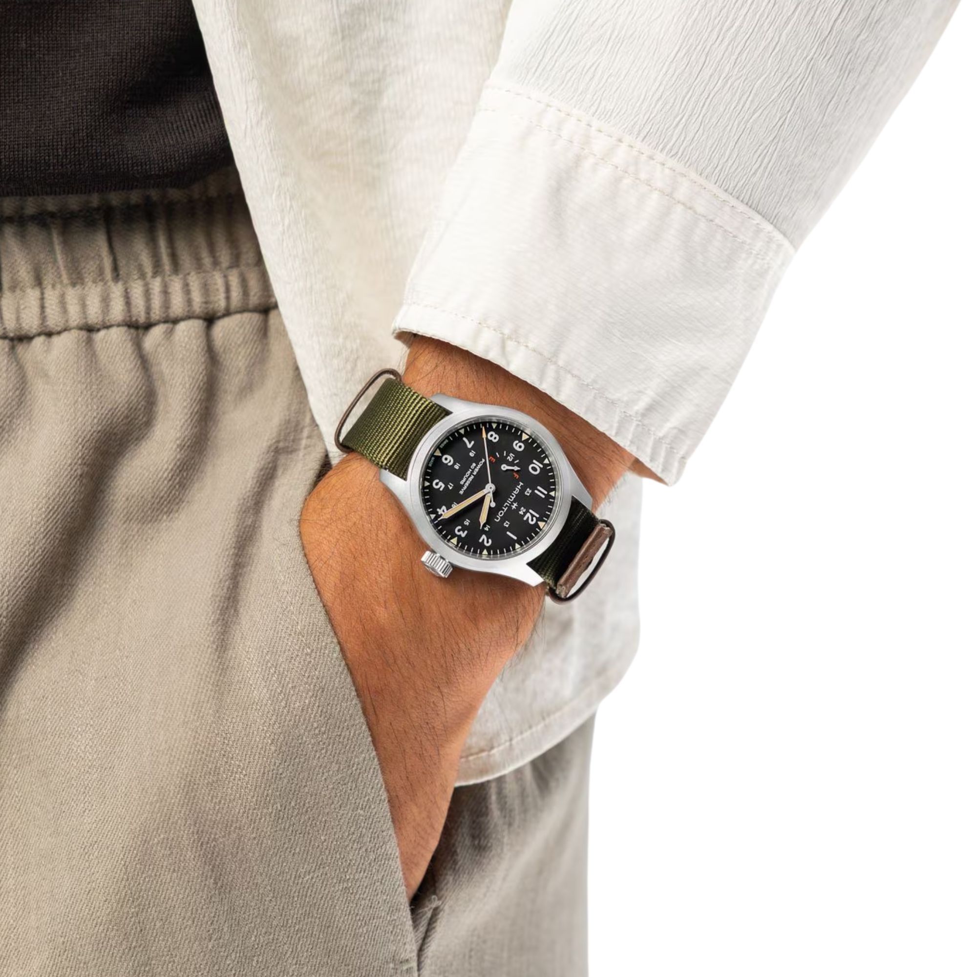 Hamilton Khaki Field Power Reserve mechanical watch with black dial and ...