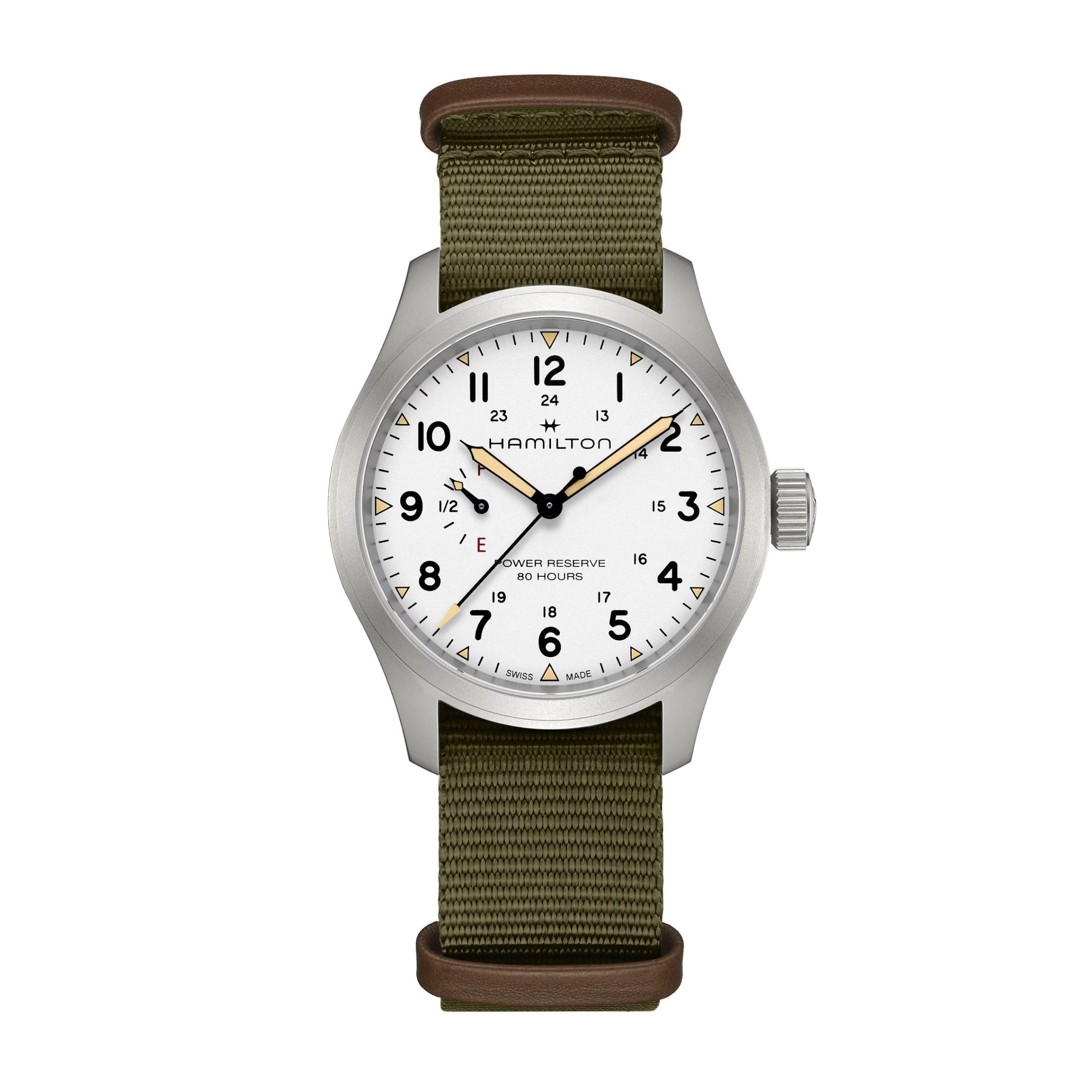 Montre Hamilton Khaki Field Power Reserve mécanique cadran blanc ...