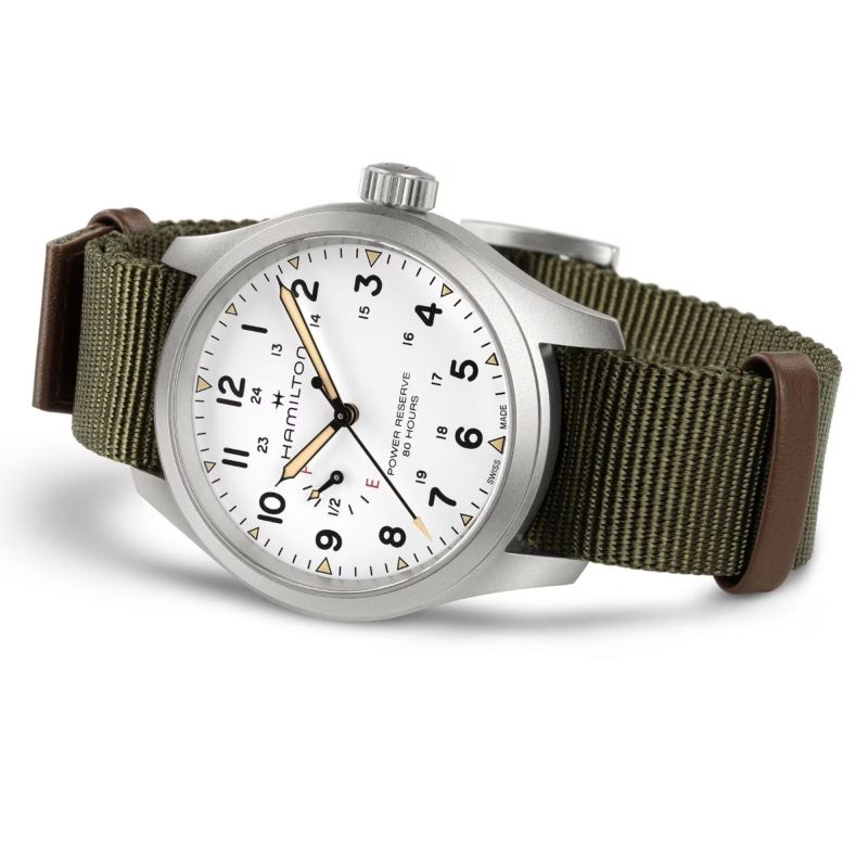 Hamilton Khaki Field Power Reserve mechanical watch with white dial and ...