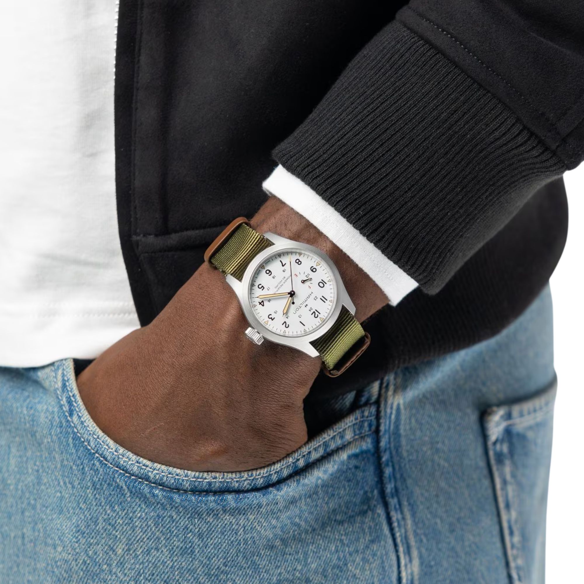 Montre Hamilton Khaki Field Power Reserve mécanique cadran blanc ...