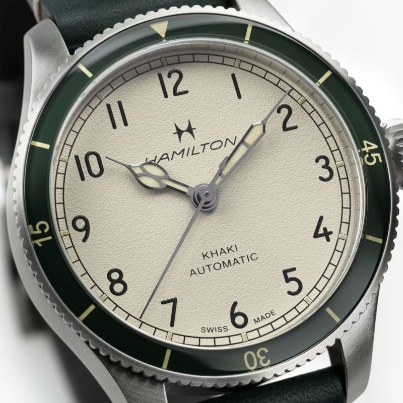 Hamilton Pilot Pioneer Auto automatic watch with white dial and green ...