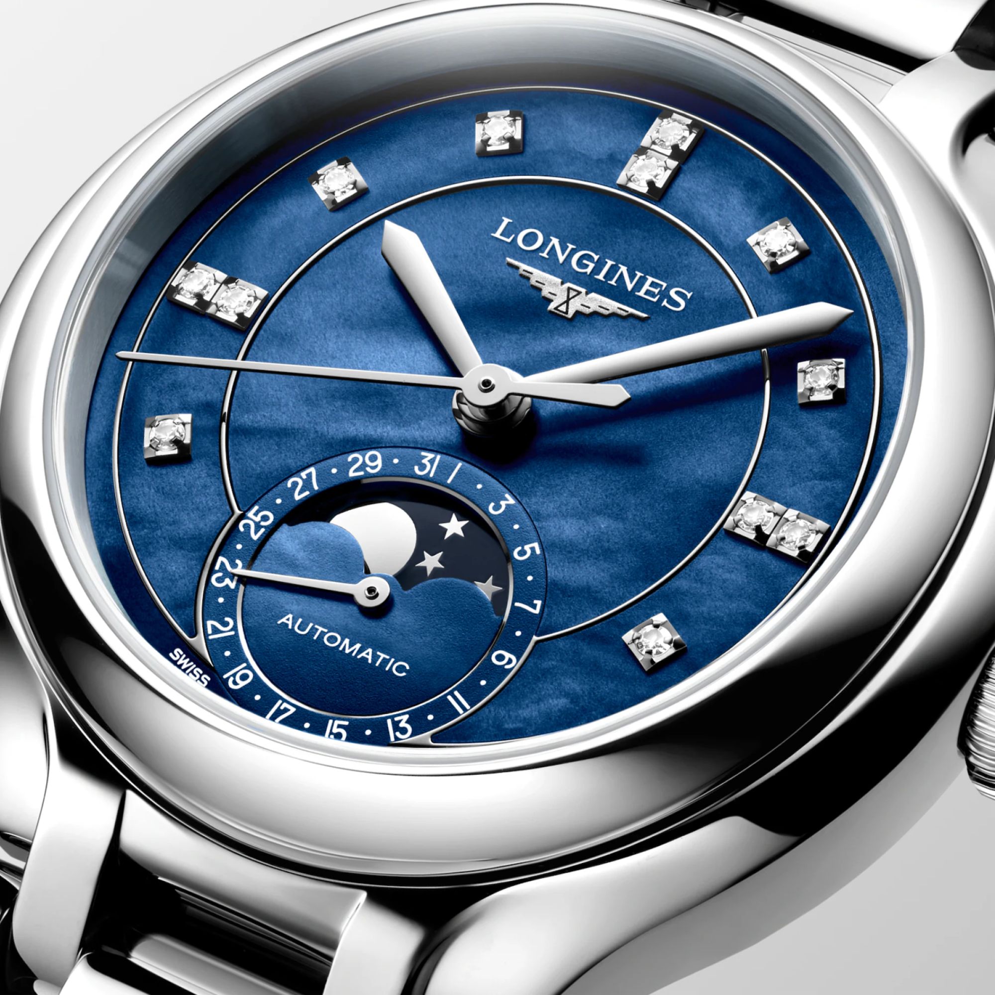 Montre Longines PrimaLuna Moonphase auto cadran nacre bleue index ...