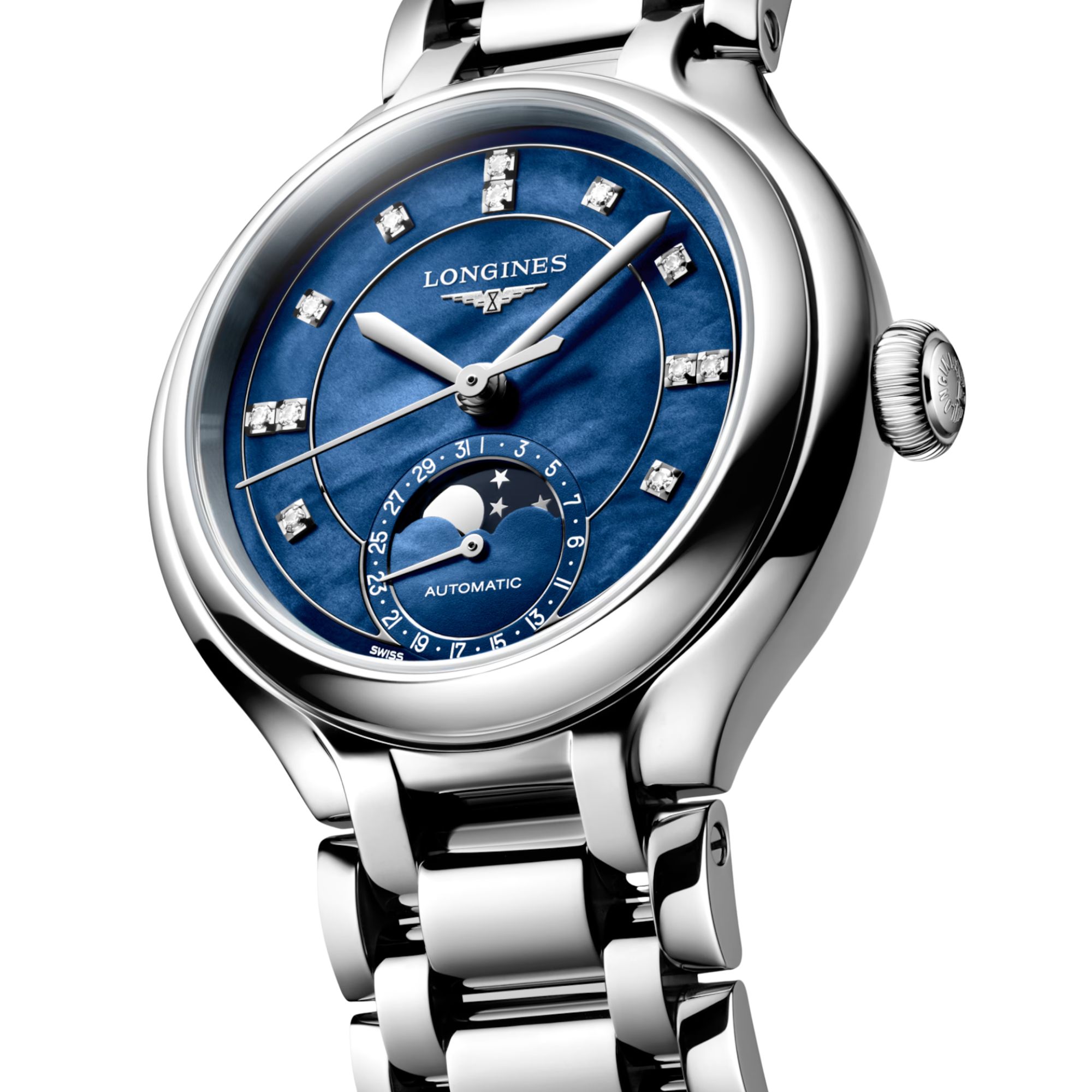 Montre Longines PrimaLuna Moonphase auto cadran nacre bleue index ...