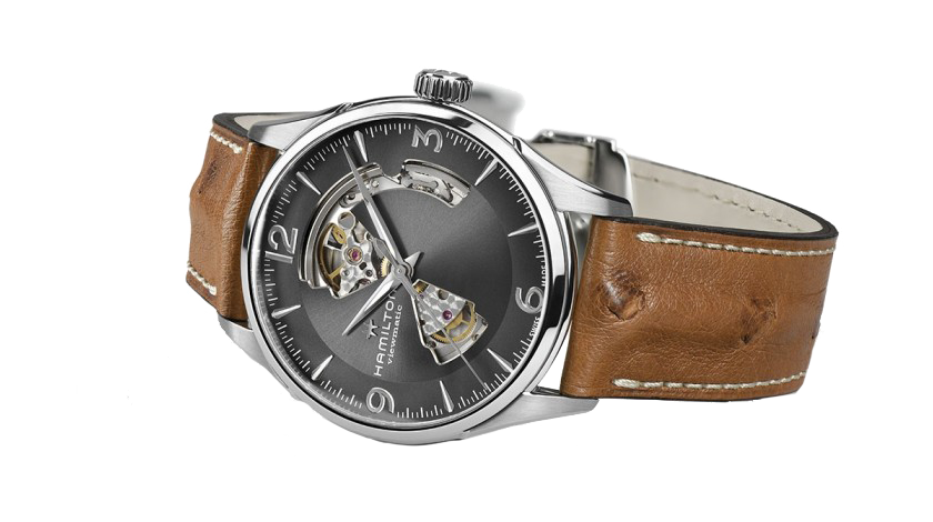 Montre Hamilton Jazzmaster Open Heart automatique cadran anthracite bracelet cuir d'autruche 42 mm